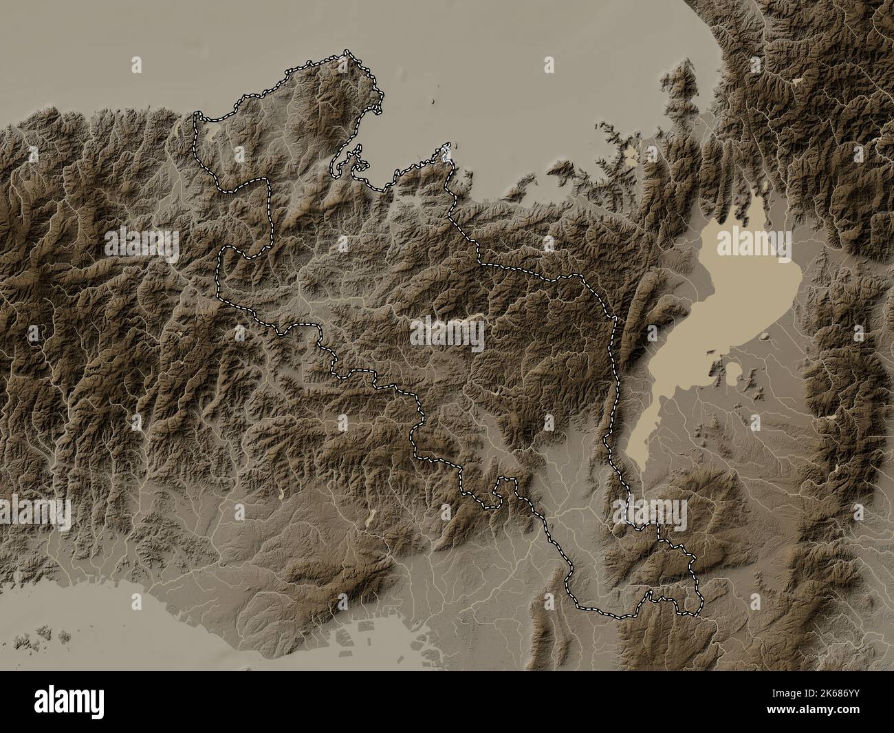 Kyoto, urban prefecture of Japan. Elevation map colored in sepia tones ...