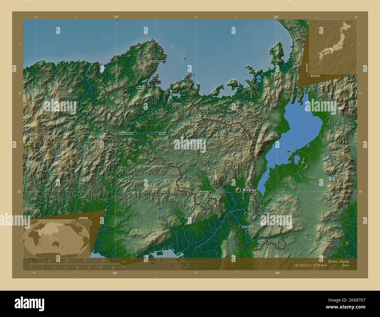 Kyoto, urban prefecture of Japan. Colored elevation map with lakes and ...