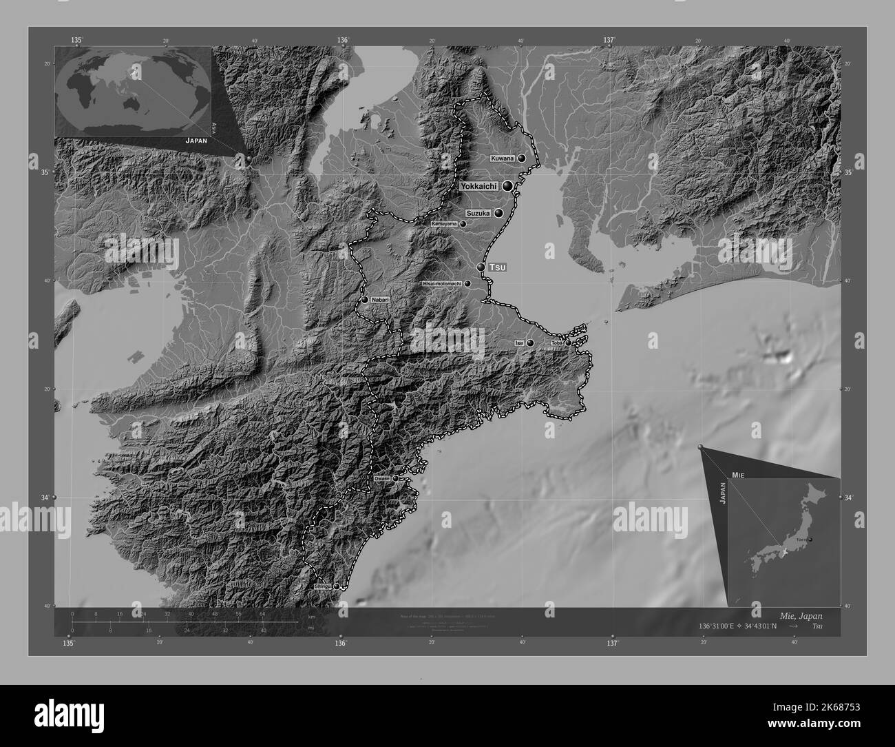 Mie, prefecture of Japan. Bilevel elevation map with lakes and rivers ...