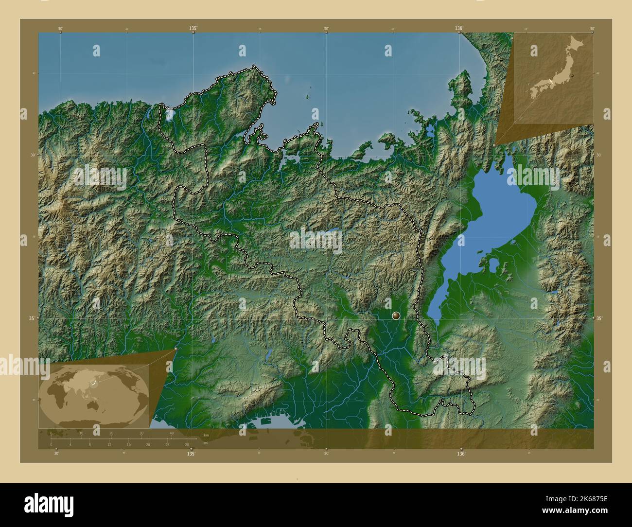 Kyoto, urban prefecture of Japan. Colored elevation map with lakes and ...