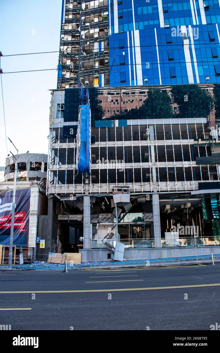 Aftermath of massive Russian missile attacks, an office building near ...