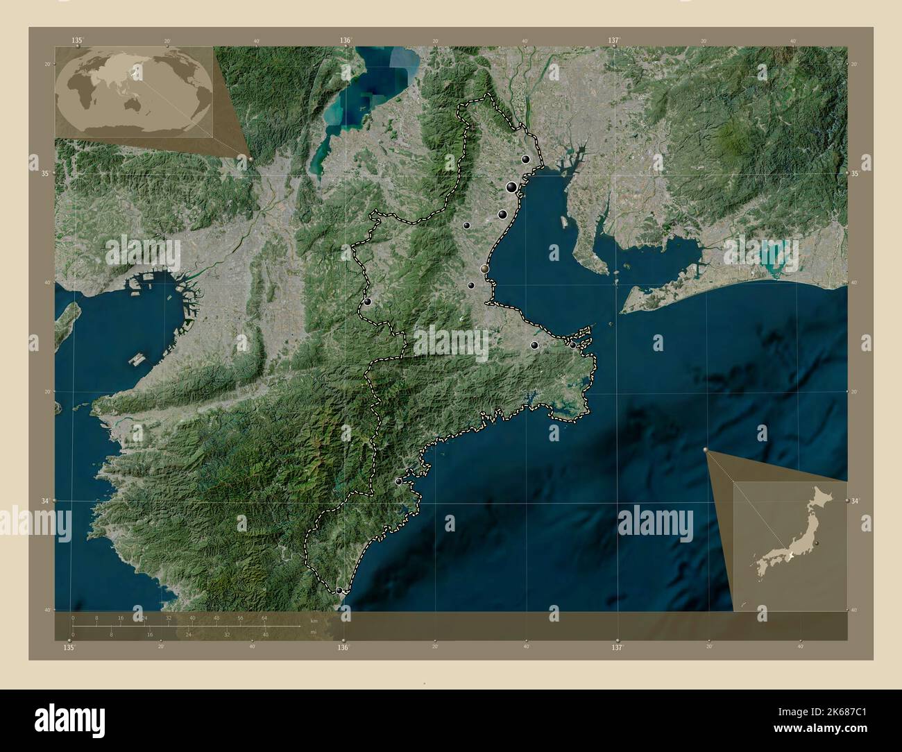 Mie, prefecture of Japan. High resolution satellite map. Locations of ...
