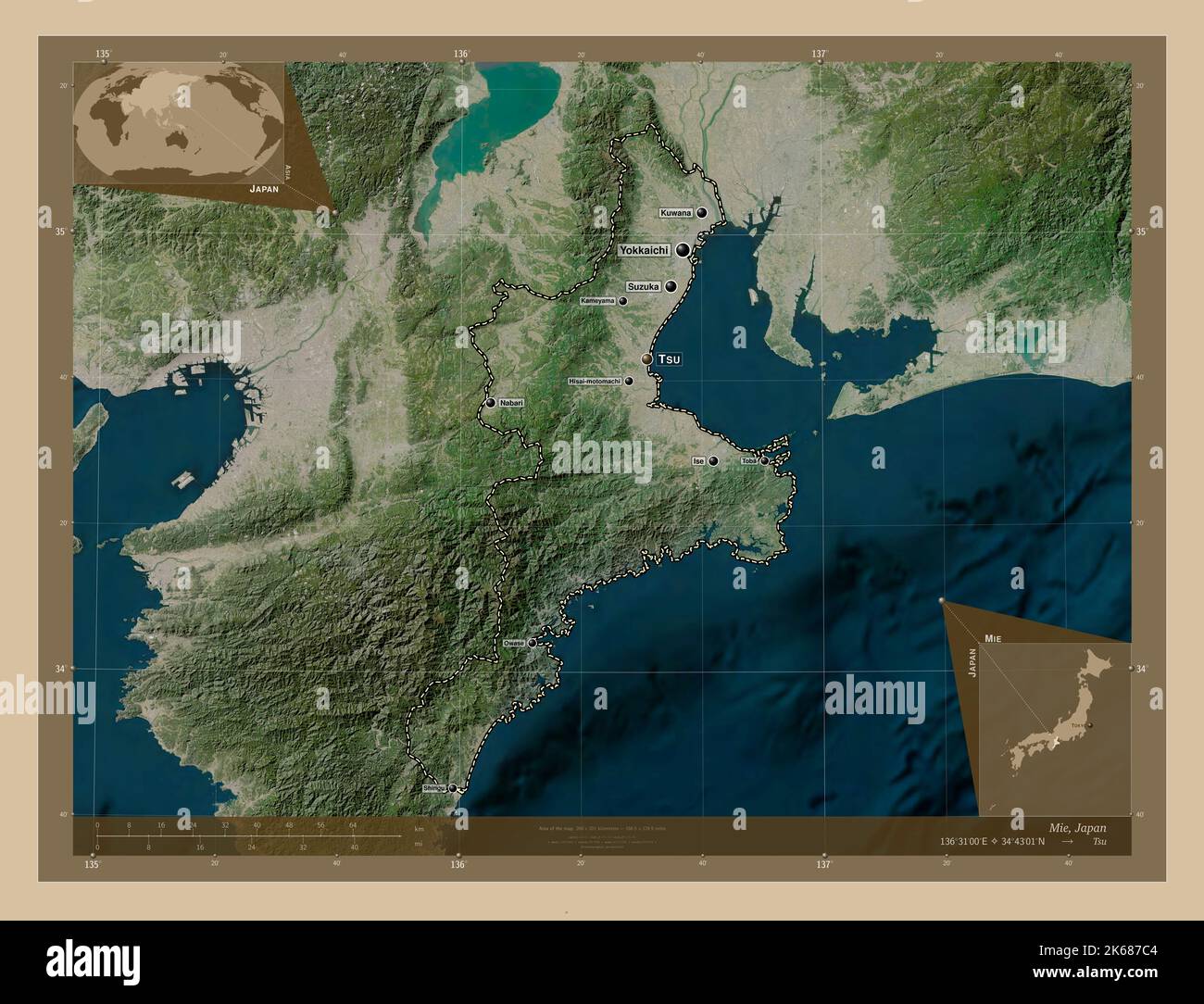 Mie, prefecture of Japan. Low resolution satellite map. Locations and ...