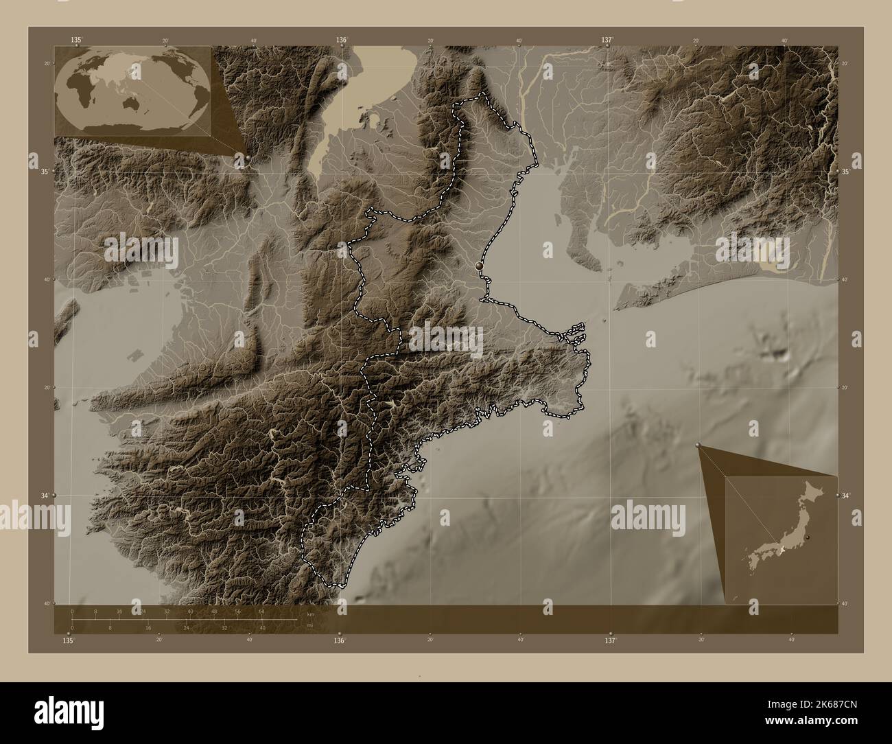 Mie, prefecture of Japan. Elevation map colored in sepia tones with ...