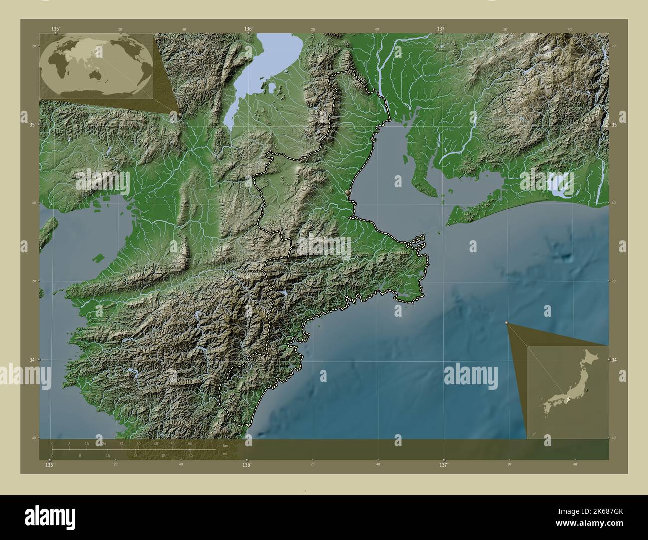 Mie, prefecture of Japan. Elevation map colored in wiki style with ...