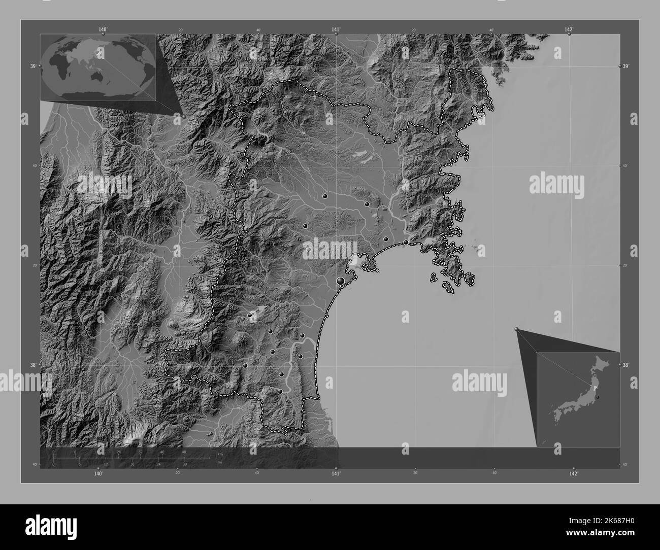 Miyagi, prefecture of Japan. Bilevel elevation map with lakes and ...