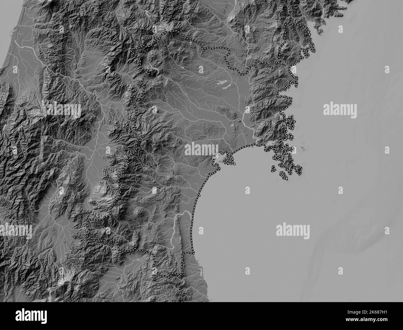 Miyagi, prefecture of Japan. Bilevel elevation map with lakes and ...