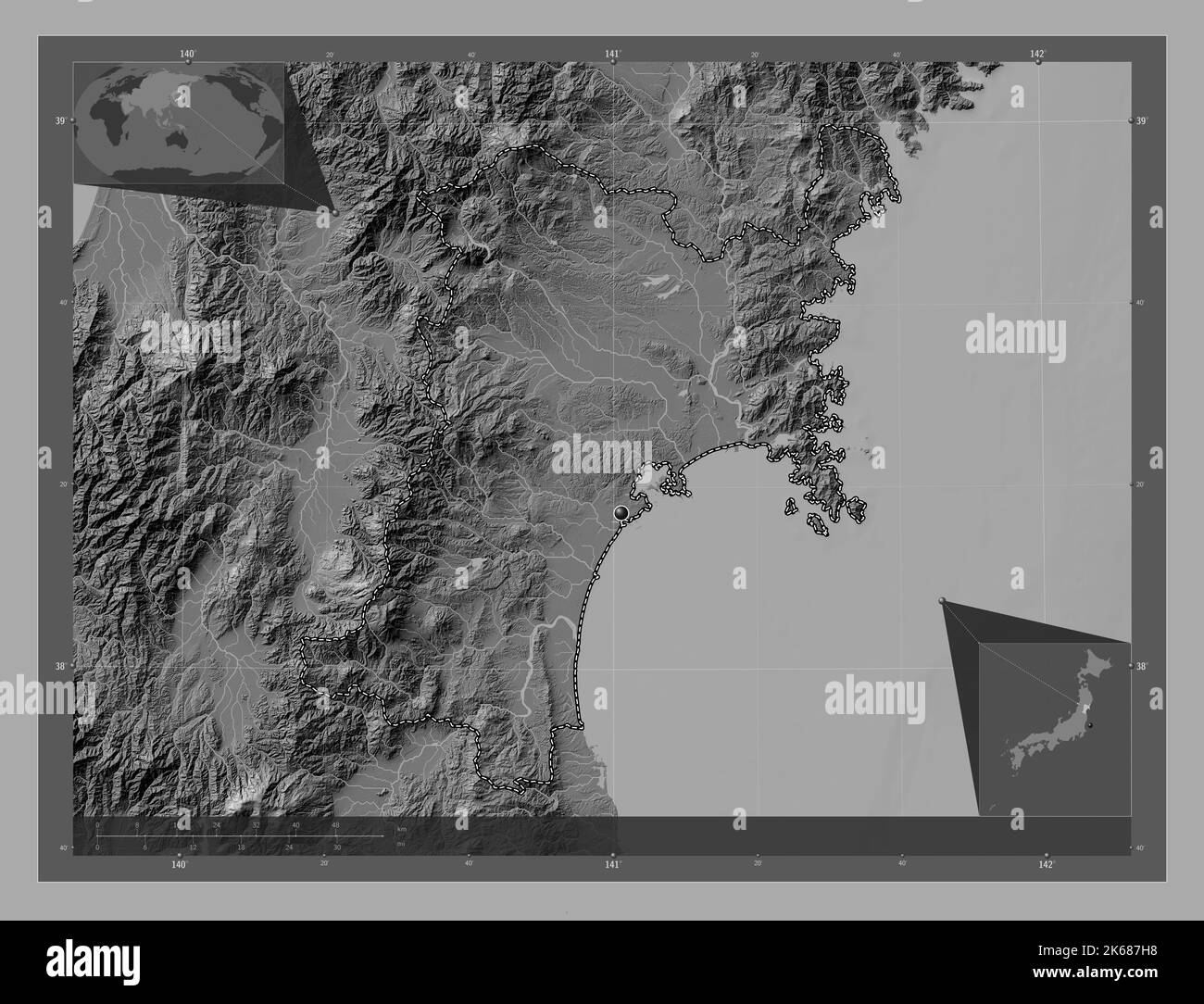 Miyagi, prefecture of Japan. Bilevel elevation map with lakes and ...