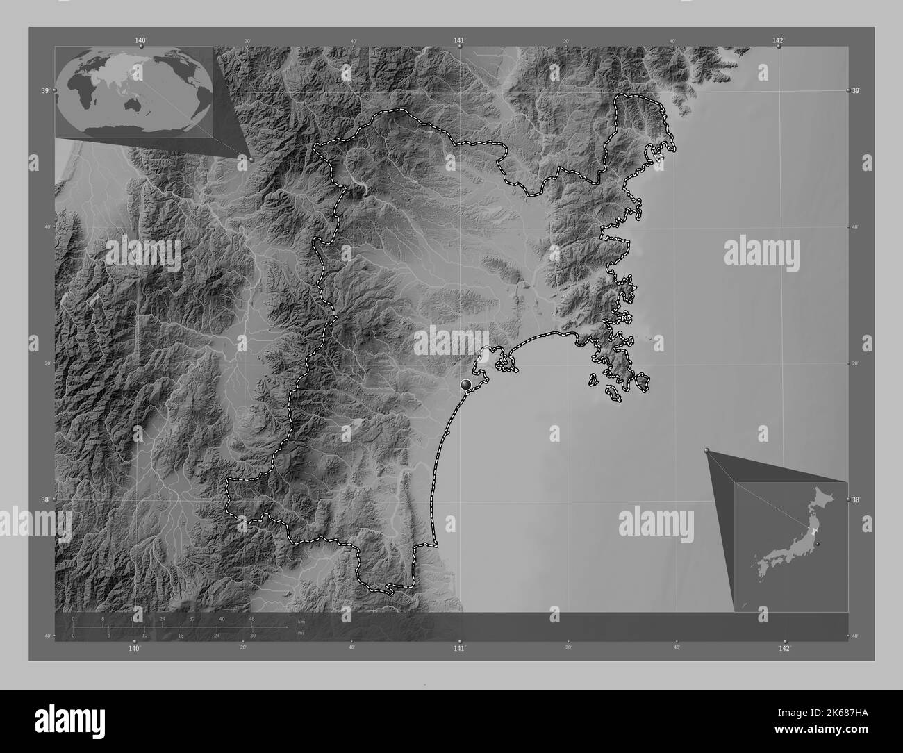 Miyagi, prefecture of Japan. Grayscale elevation map with lakes and ...