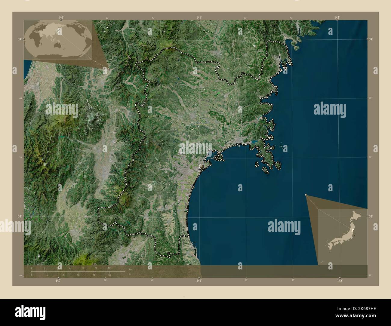 Miyagi, prefecture of Japan. High resolution satellite map. Corner ...