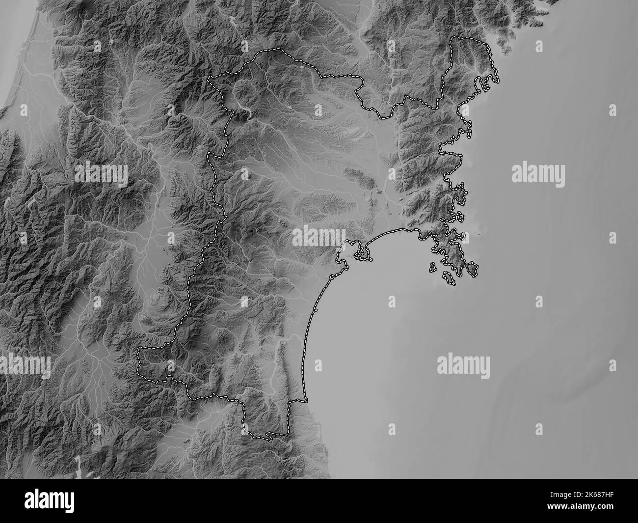 Miyagi, prefecture of Japan. Grayscale elevation map with lakes and ...