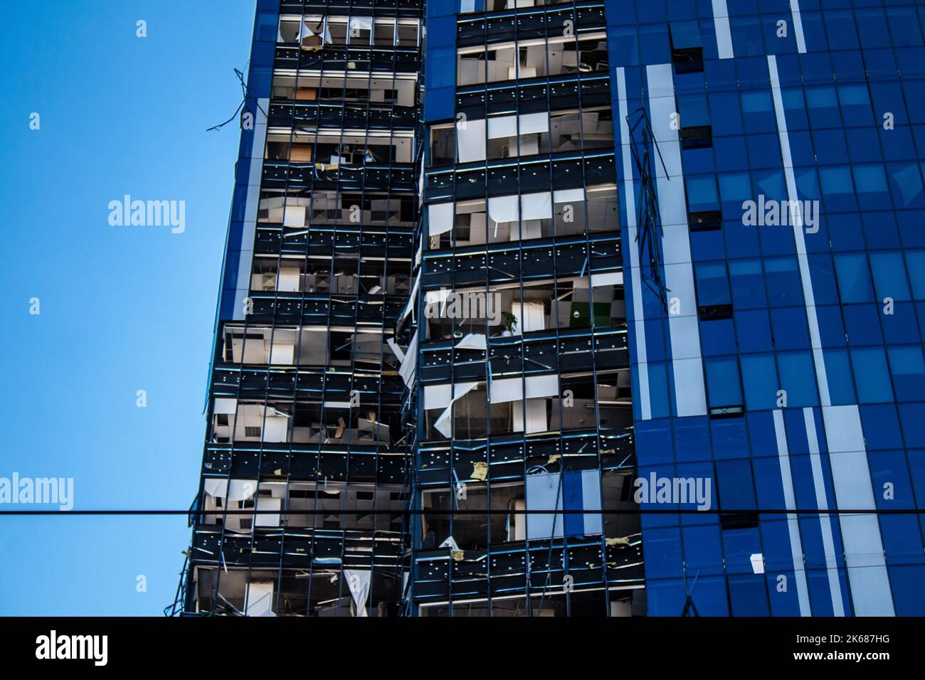 Aftermath of massive Russian missile attacks, an office building near ...