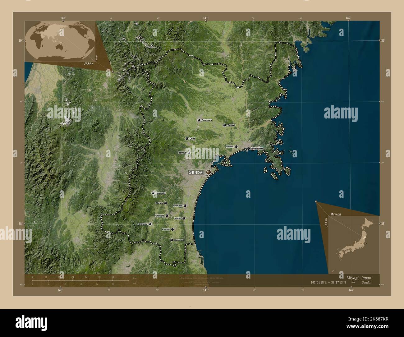 Miyagi, prefecture of Japan. Low resolution satellite map. Locations ...