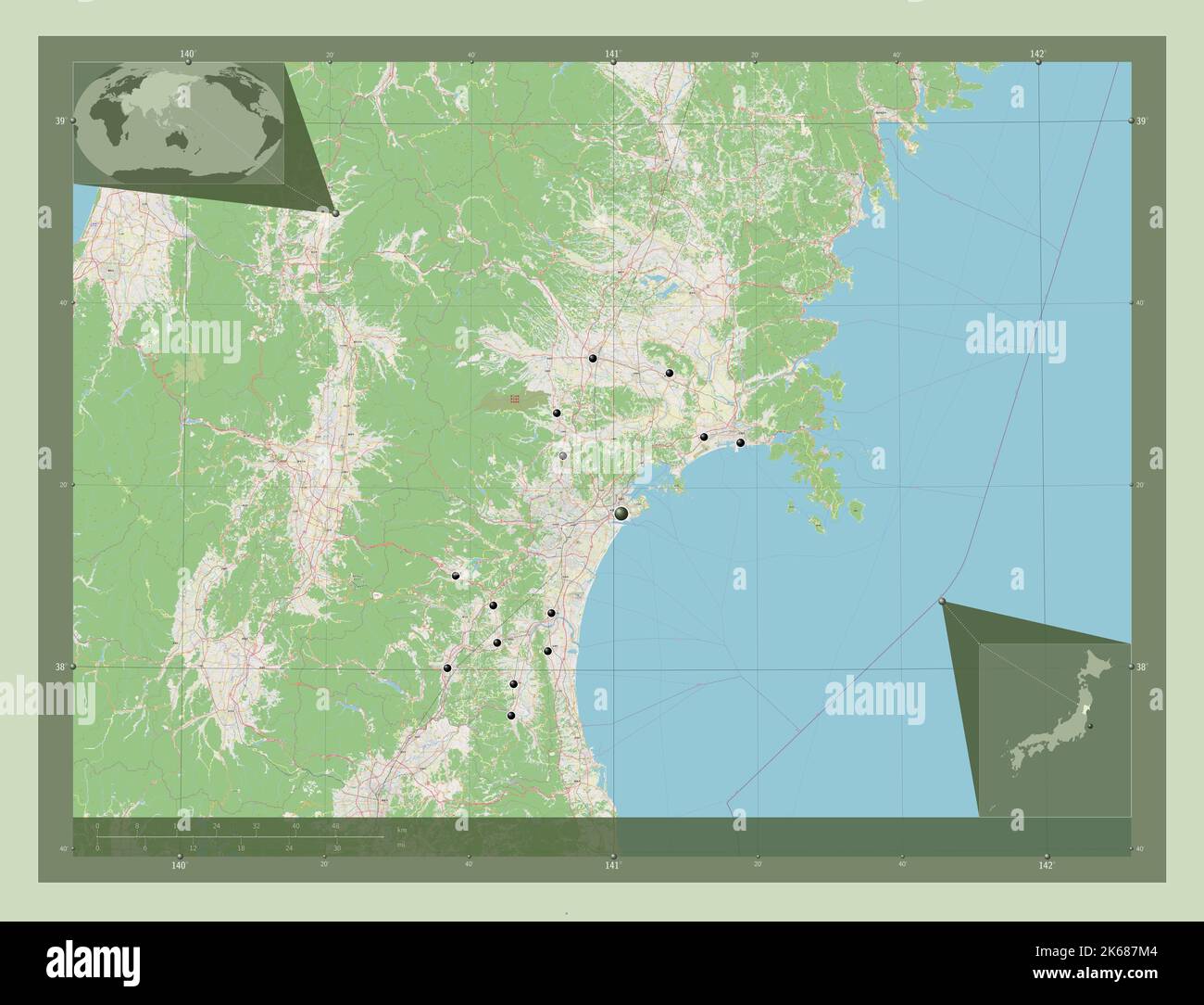 Miyagi, prefecture of Japan. Open Street Map. Locations of major cities ...