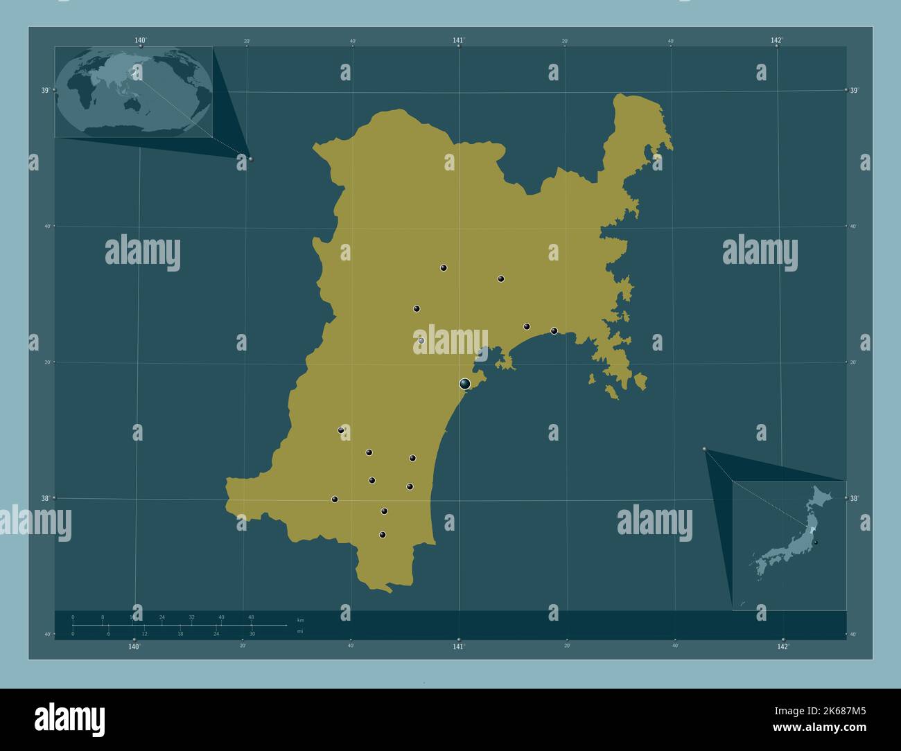 Miyagi, prefecture of Japan. Solid color shape. Locations of major ...