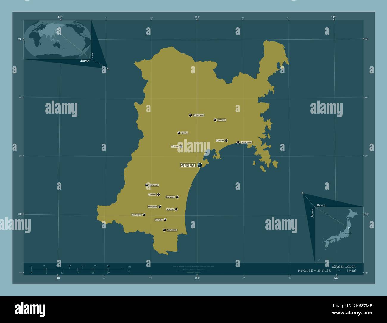 Miyagi, prefecture of Japan. Solid color shape. Locations and names of ...