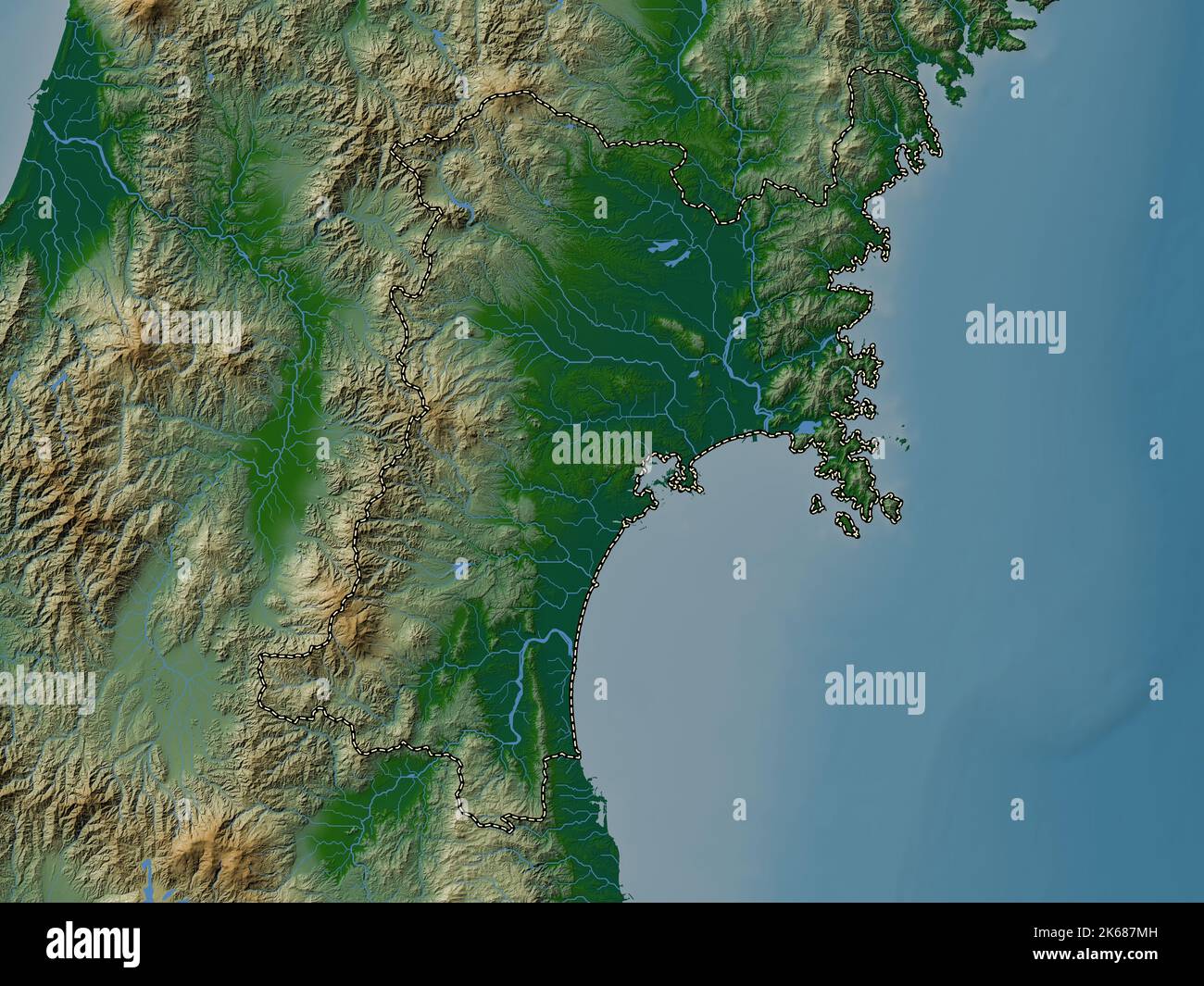 Miyagi, prefecture of Japan. Colored elevation map with lakes and ...