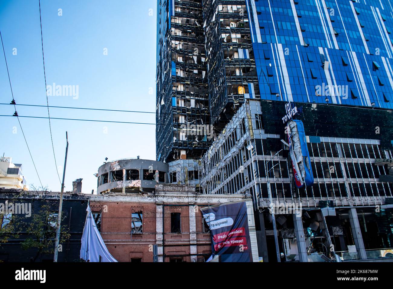 Aftermath of massive Russian missile attacks, an office building near ...