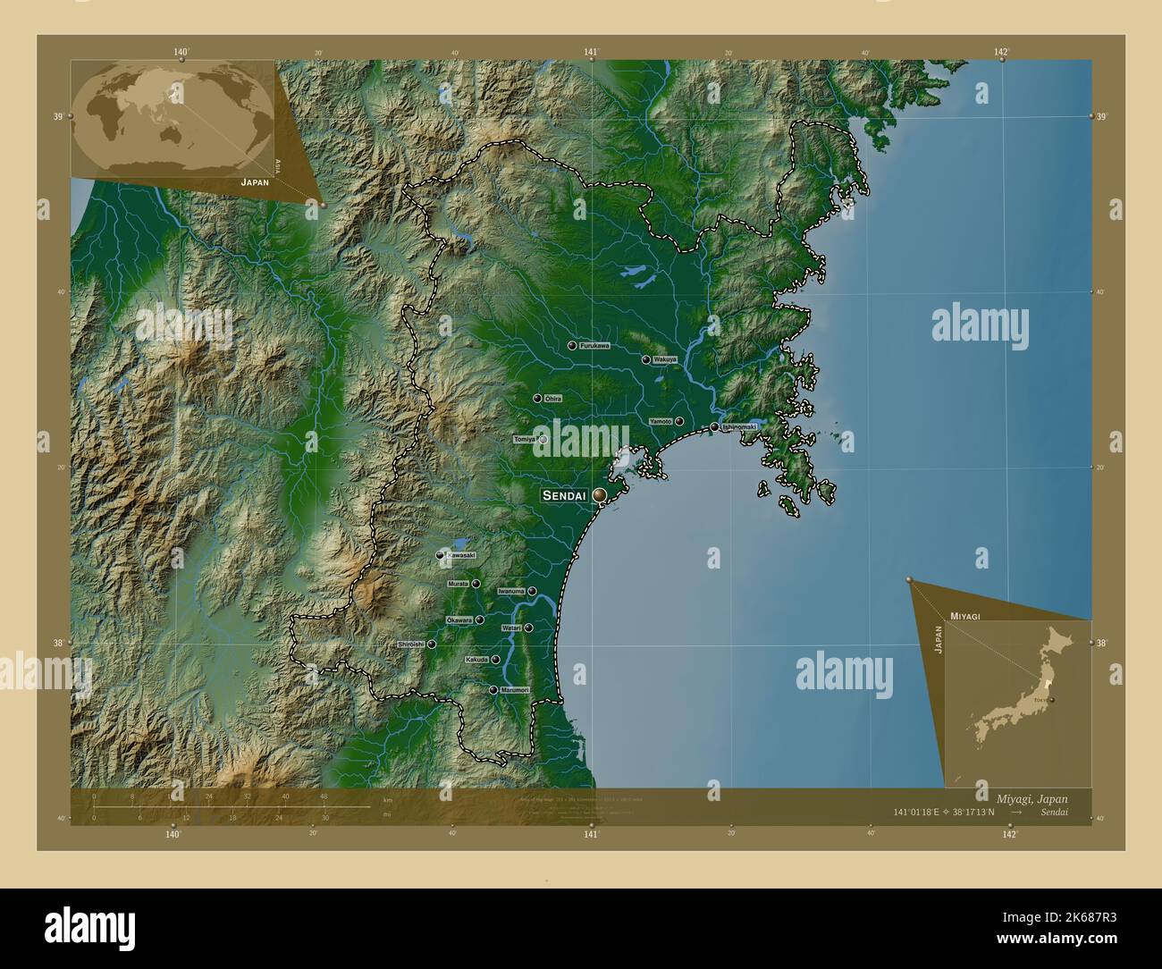 Miyagi, prefecture of Japan. Colored elevation map with lakes and ...