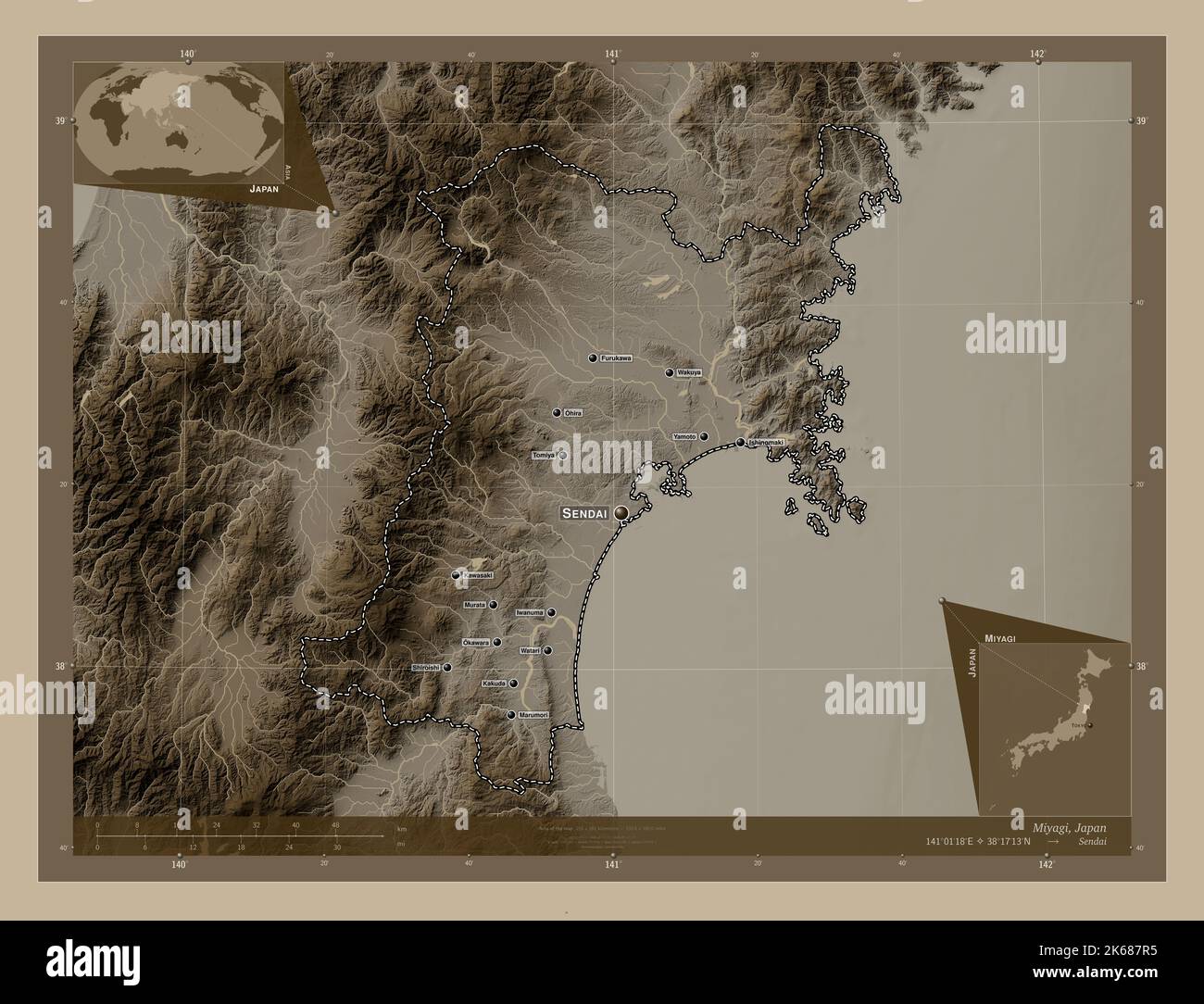 Miyagi, prefecture of Japan. Elevation map colored in sepia tones with ...