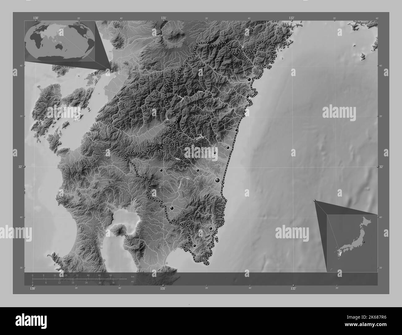Miyazaki, prefecture of Japan. Grayscale elevation map with lakes and ...