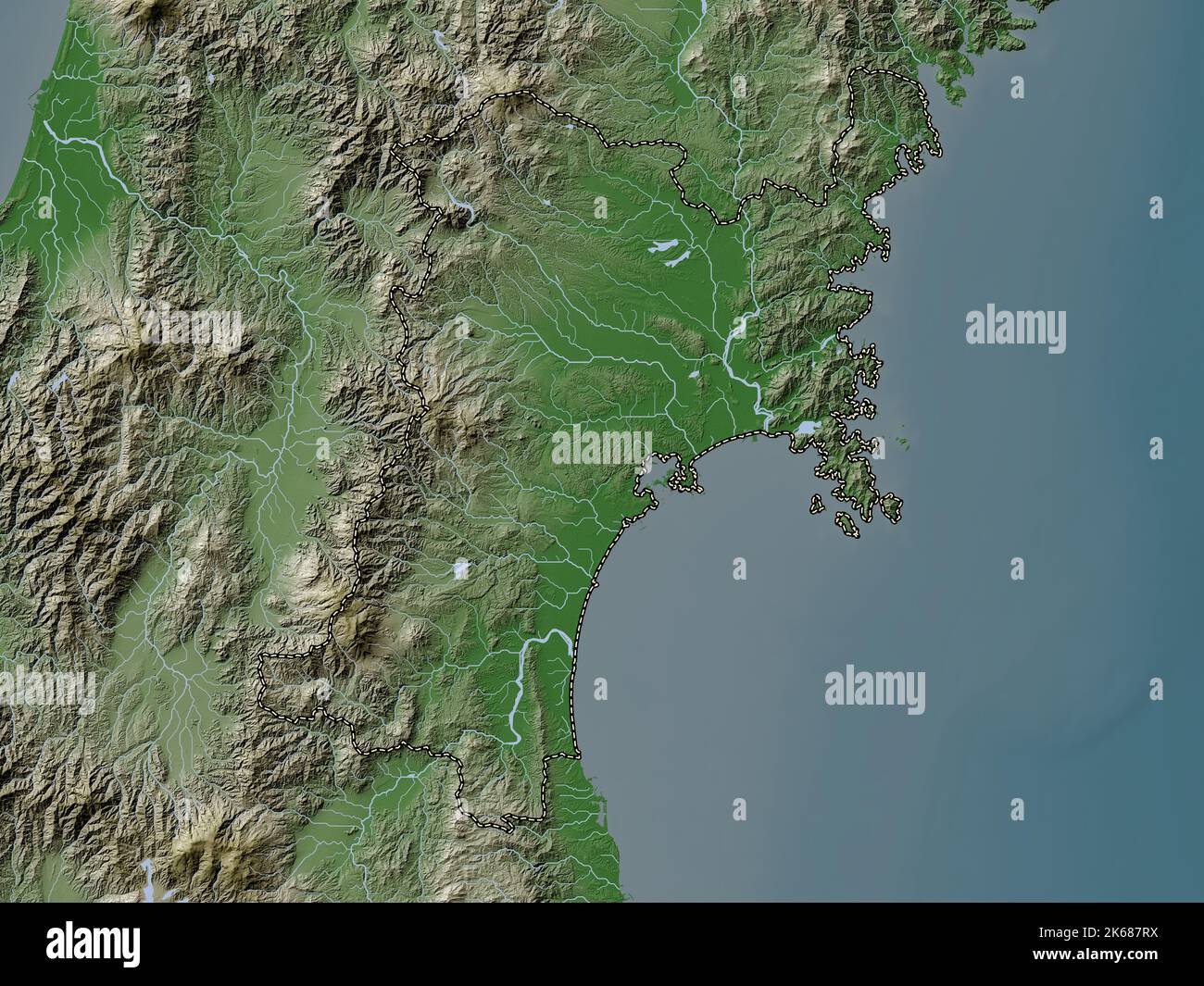 Miyagi, prefecture of Japan. Elevation map colored in wiki style with ...