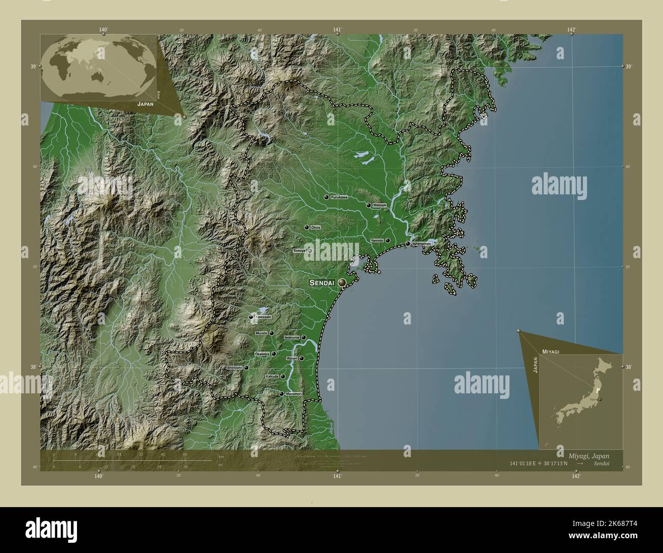Miyagi, prefecture of Japan. Elevation map colored in wiki style with ...
