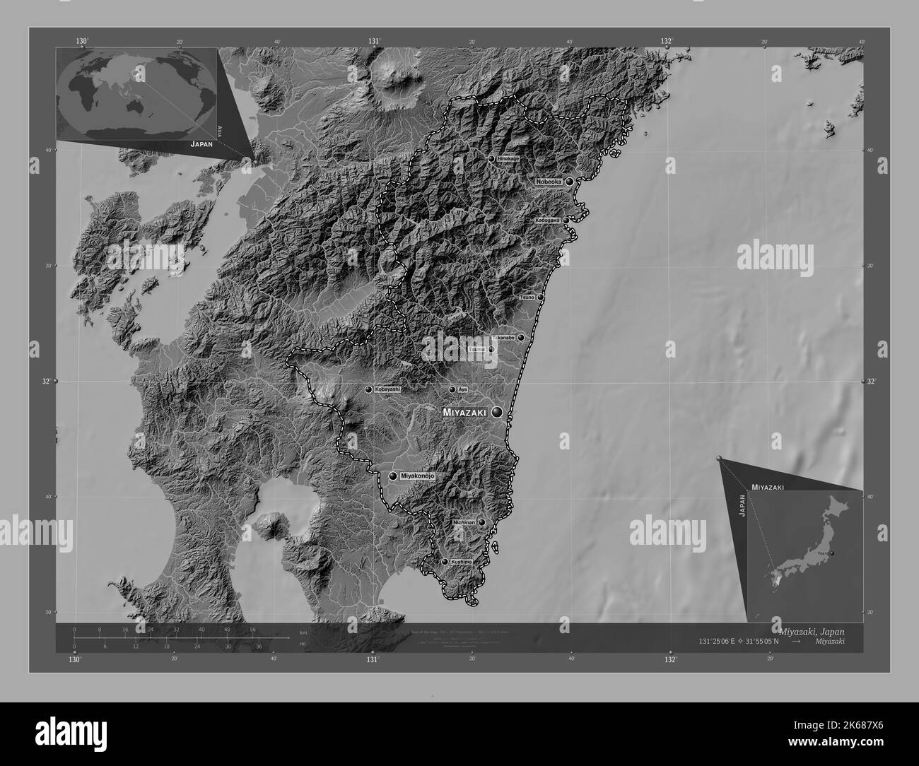Miyazaki, prefecture of Japan. Bilevel elevation map with lakes and ...