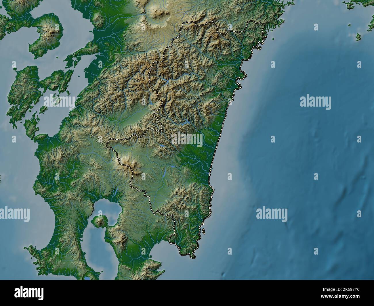 Miyazaki, prefecture of Japan. Colored elevation map with lakes and ...