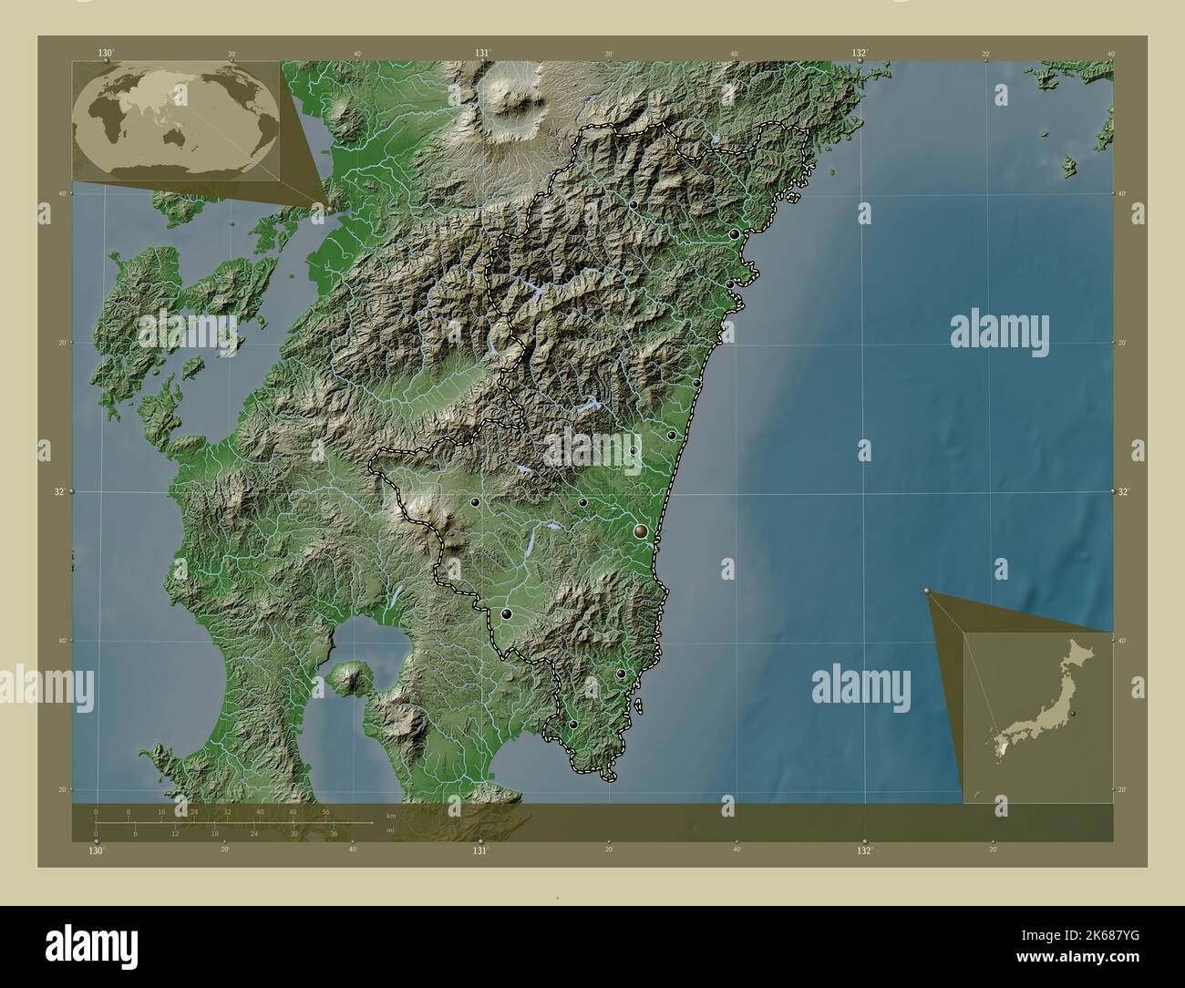 Miyazaki, prefecture of Japan. Elevation map colored in wiki style with ...