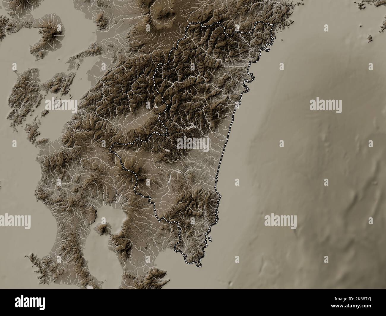 Miyazaki, prefecture of Japan. Elevation map colored in sepia tones ...