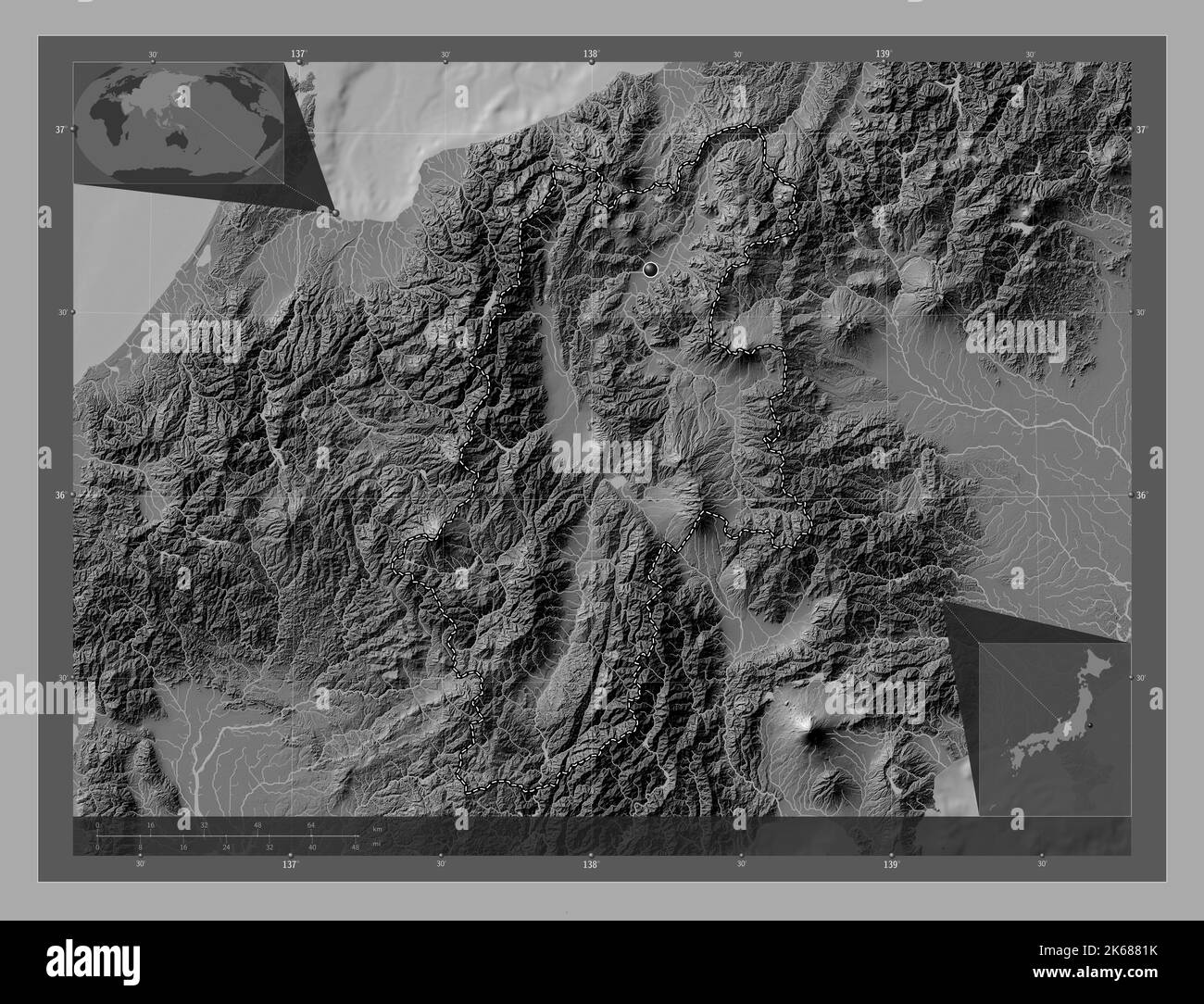Nagano, prefecture of Japan. Bilevel elevation map with lakes and ...