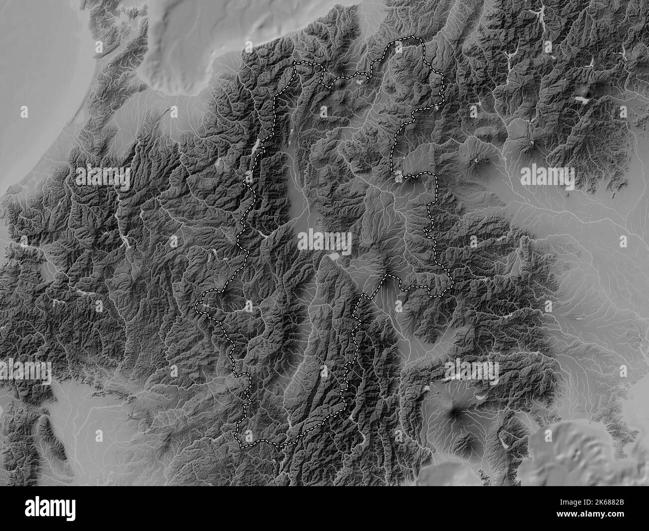 Nagano, prefecture of Japan. Grayscale elevation map with lakes and ...
