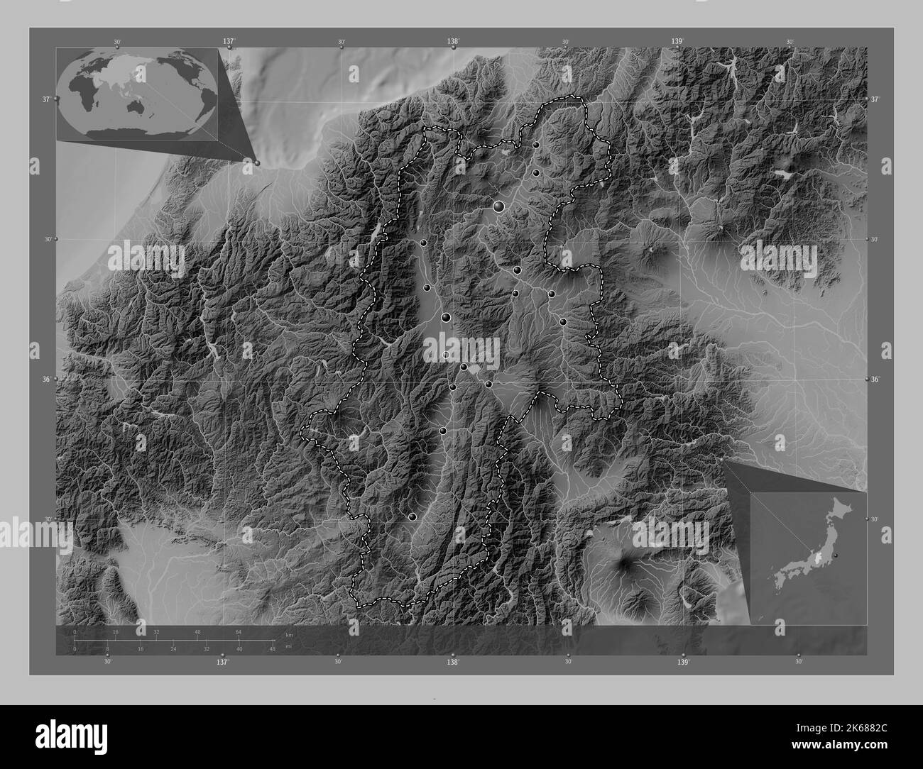 Nagano, prefecture of Japan. Grayscale elevation map with lakes and ...