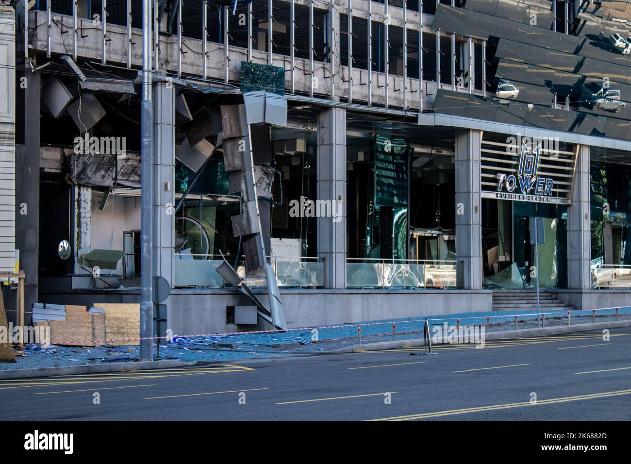 Aftermath of massive Russian missile attacks, an office building near ...