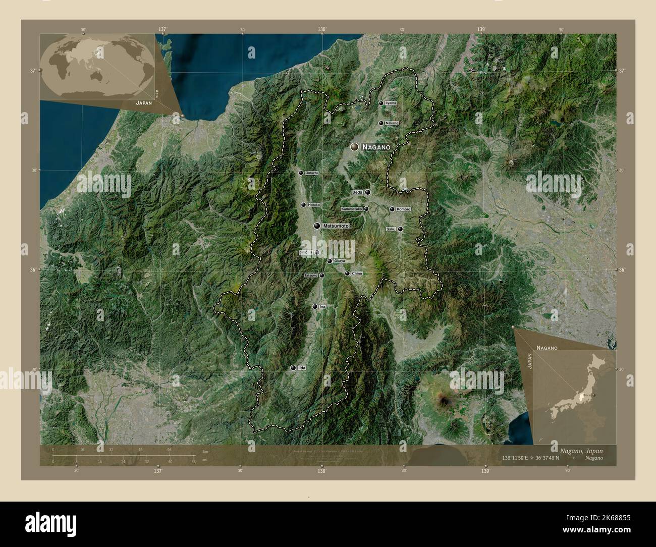 Nagano, prefecture of Japan. High resolution satellite map. Locations ...