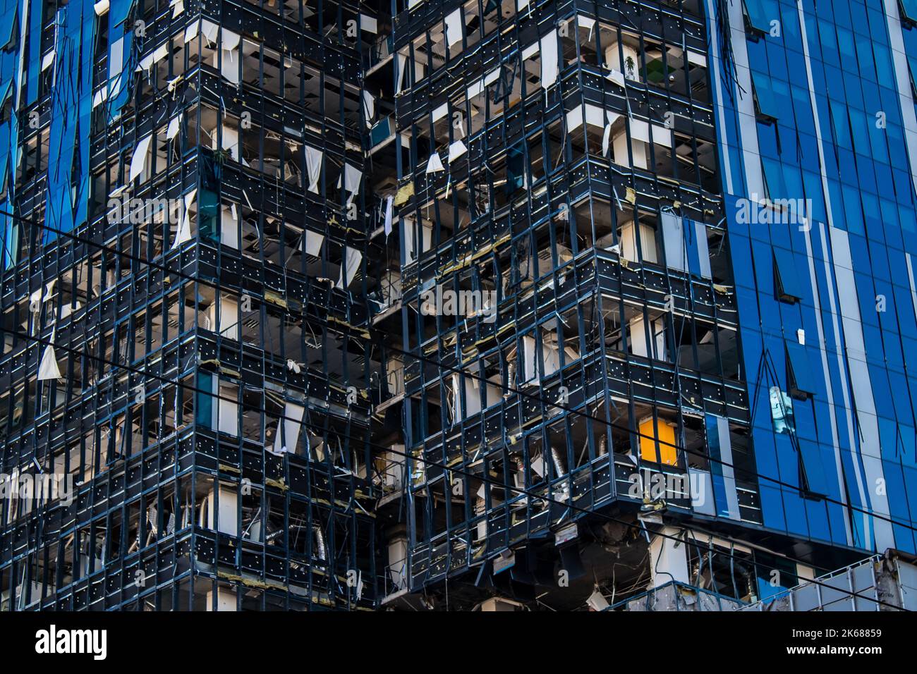 Aftermath of massive Russian missile attacks, an office building near ...