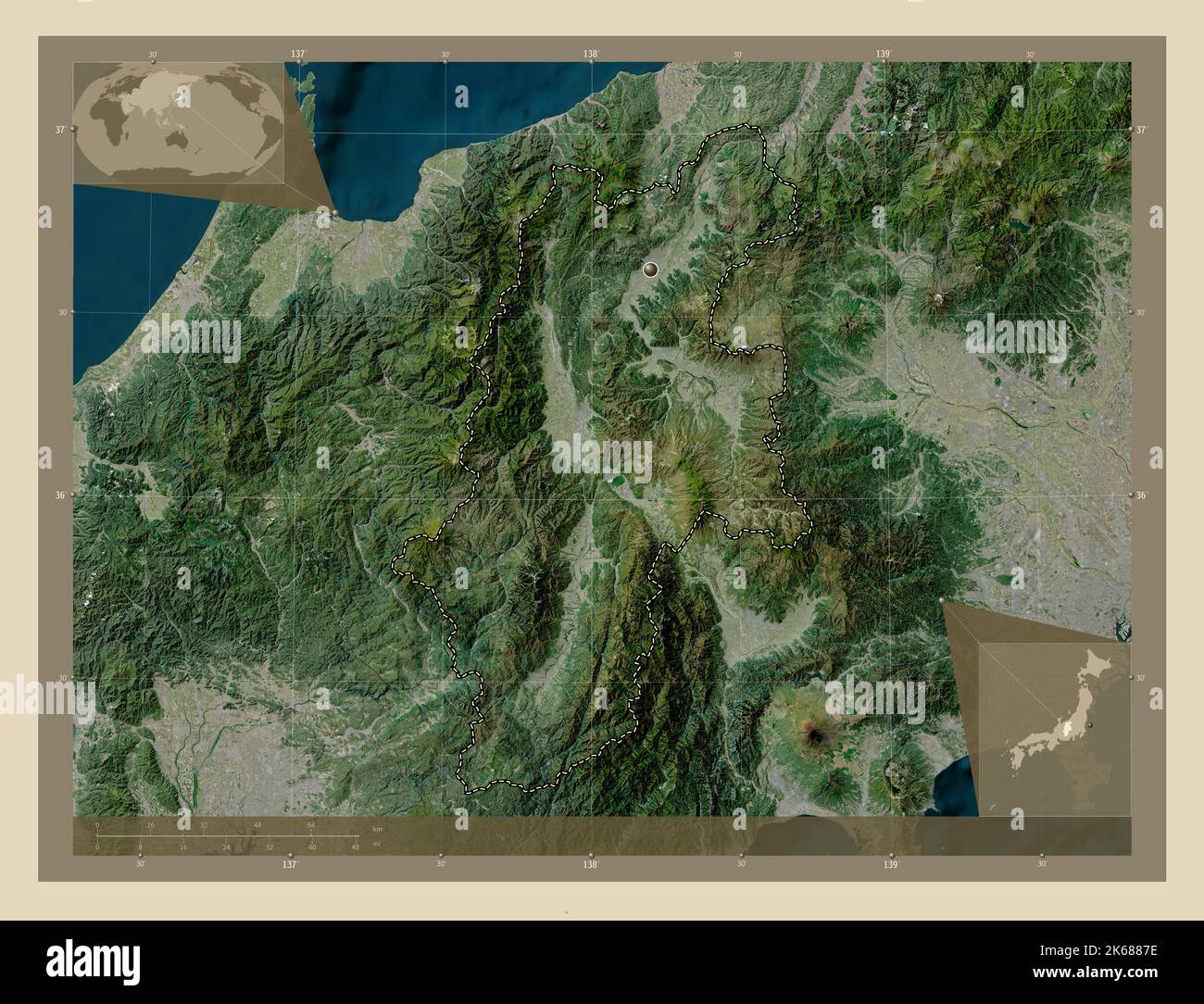 Nagano, prefecture of Japan. High resolution satellite map. Corner ...