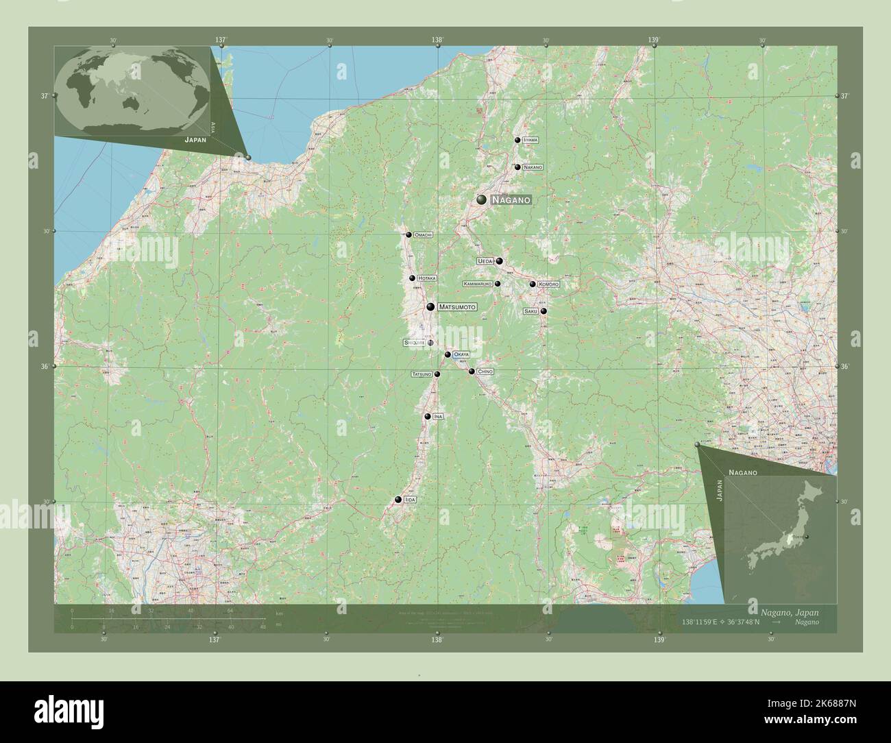 Nagano, prefecture of Japan. Open Street Map. Locations and names of ...