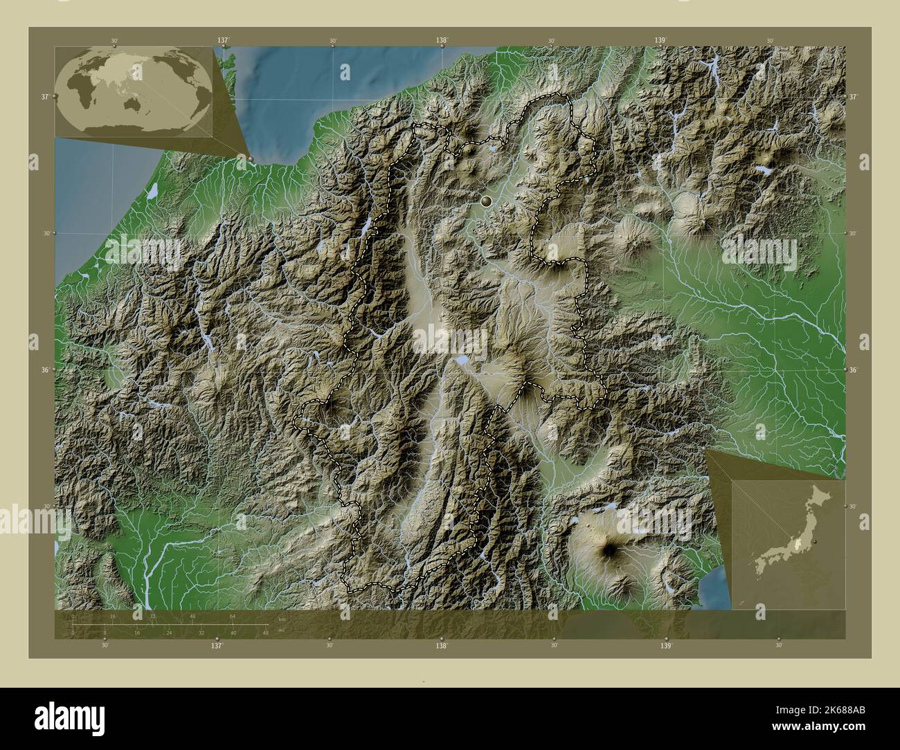 Nagano, prefecture of Japan. Elevation map colored in wiki style with ...