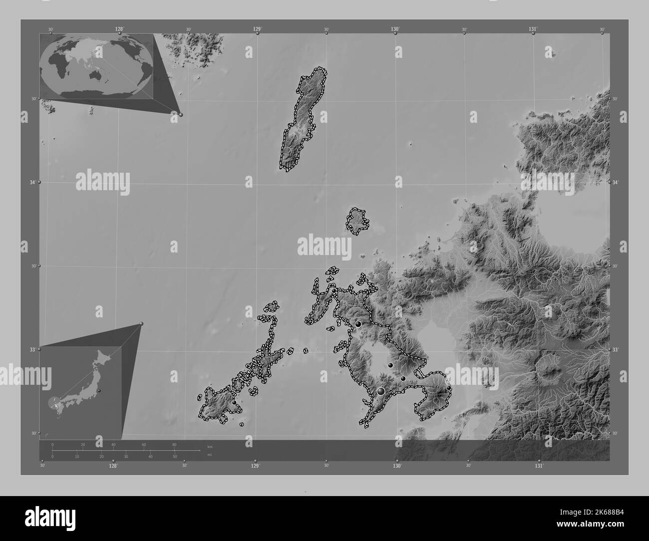 Nagasaki, prefecture of Japan. Grayscale elevation map with lakes and ...
