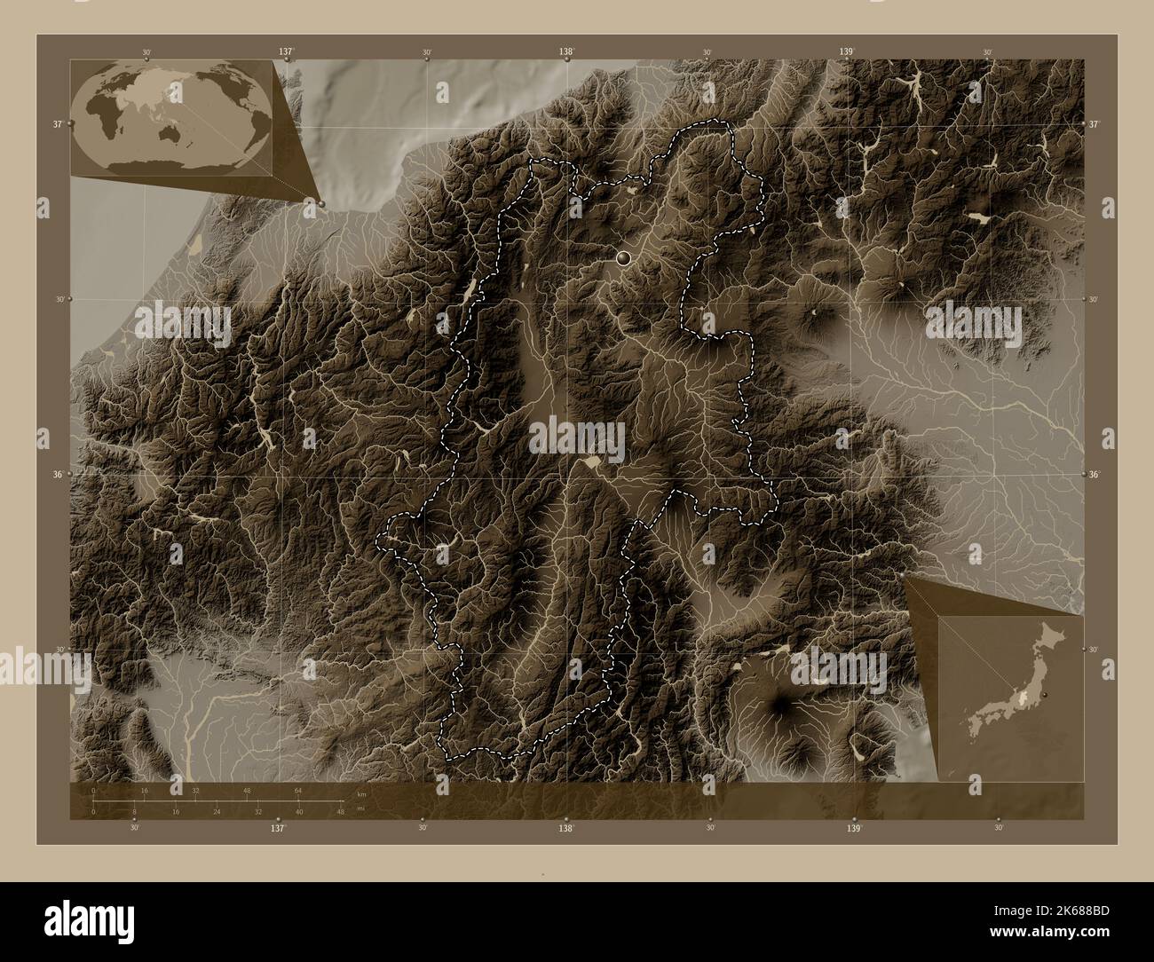 Nagano, prefecture of Japan. Elevation map colored in sepia tones with ...