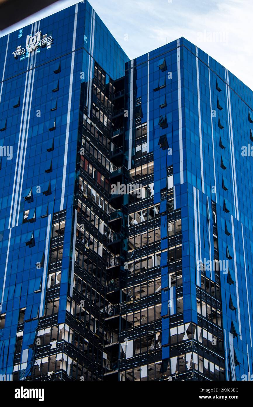 Aftermath of massive Russian missile attacks, an office building near ...