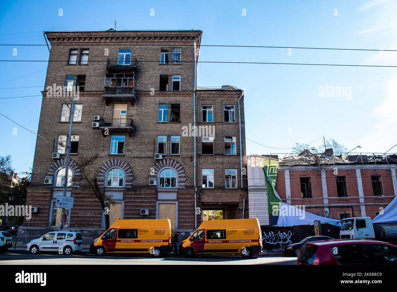 Aftermath of massive Russian missile attacks, facade of historical ...