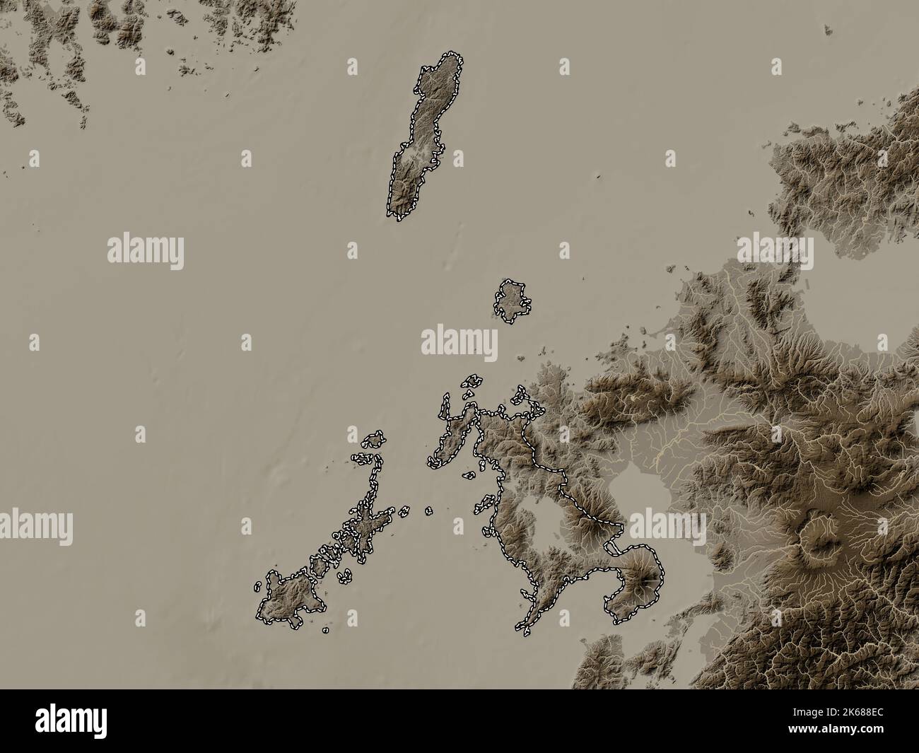 Nagasaki, prefecture of Japan. Elevation map colored in sepia tones ...