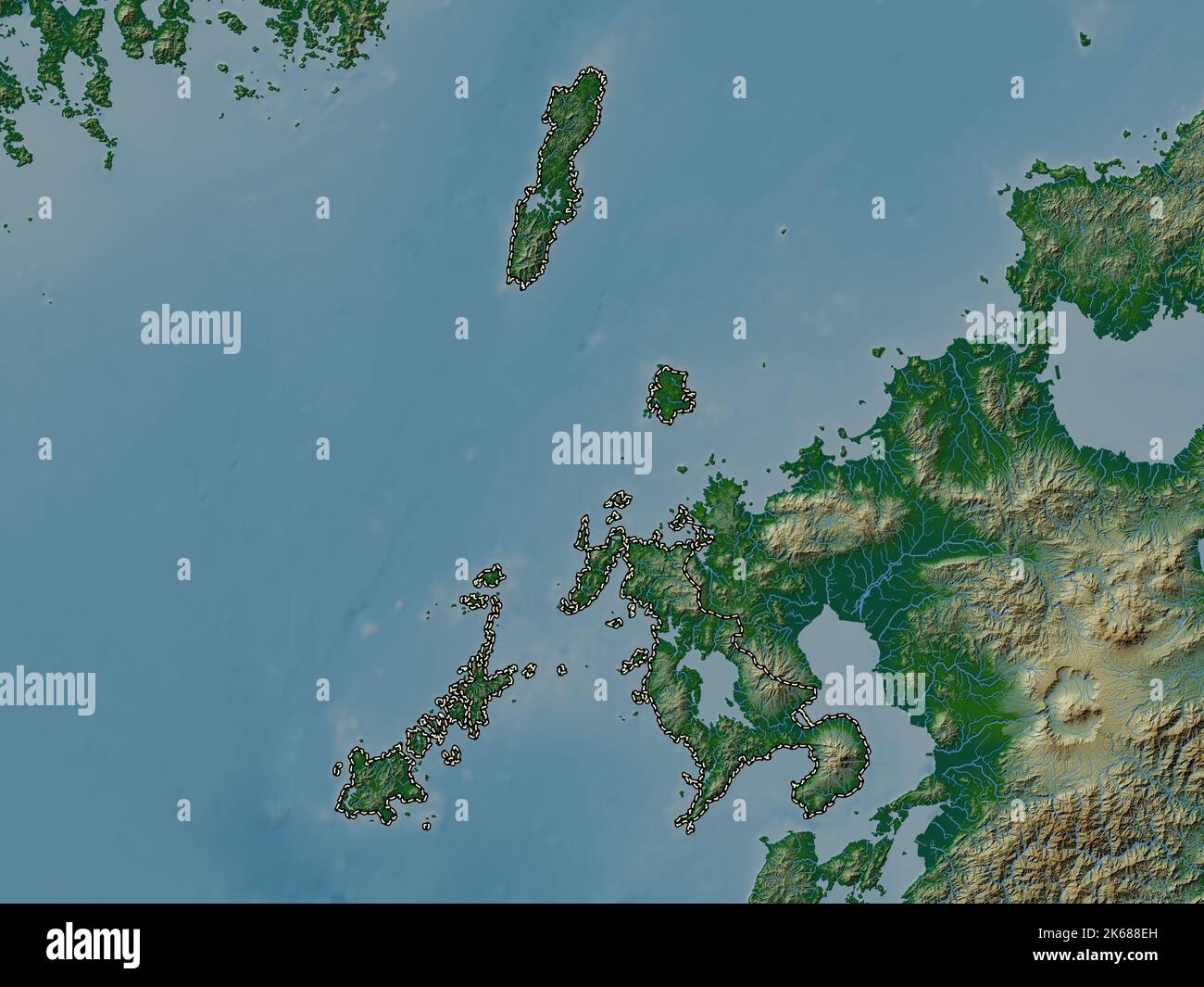Nagasaki, prefecture of Japan. Colored elevation map with lakes and ...