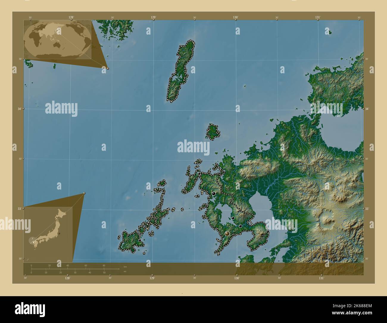 Nagasaki, prefecture of Japan. Colored elevation map with lakes and ...