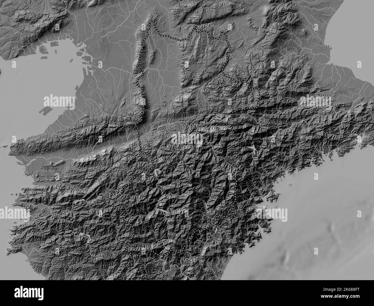 Nara, prefecture of Japan. Bilevel elevation map with lakes and rivers ...