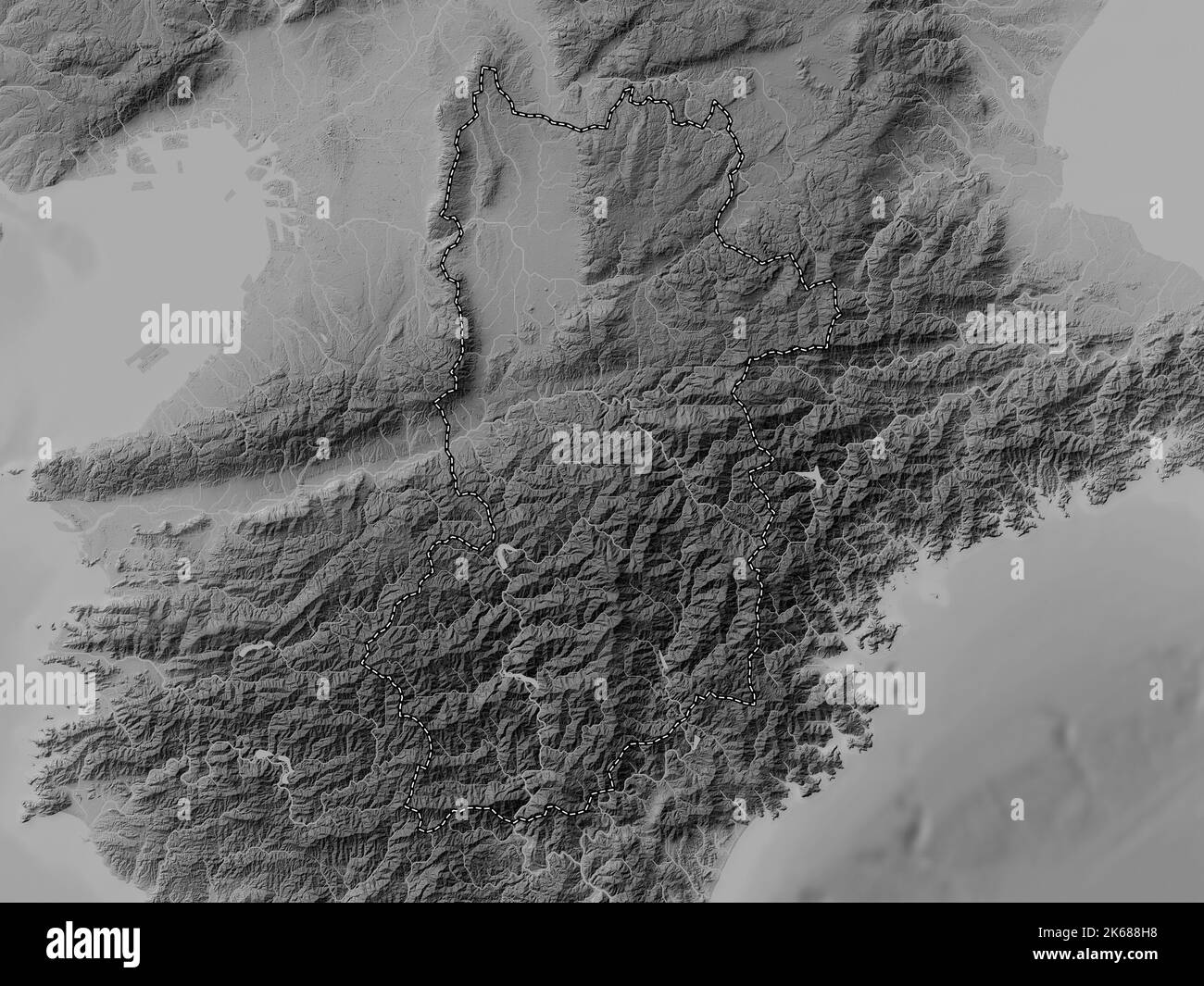 Nara, prefecture of Japan. Grayscale elevation map with lakes and ...