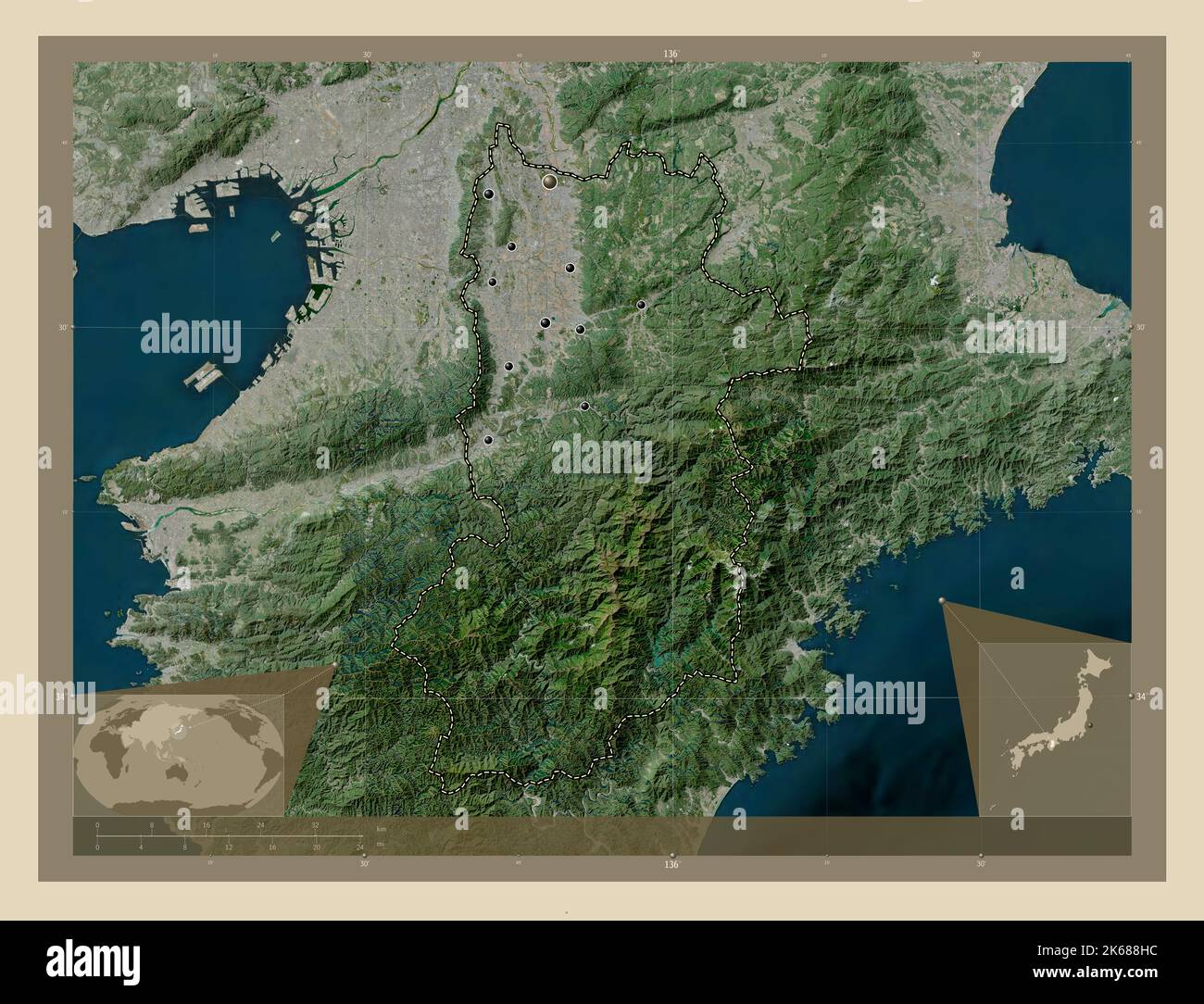 Nara, prefecture of Japan. High resolution satellite map. Locations of ...